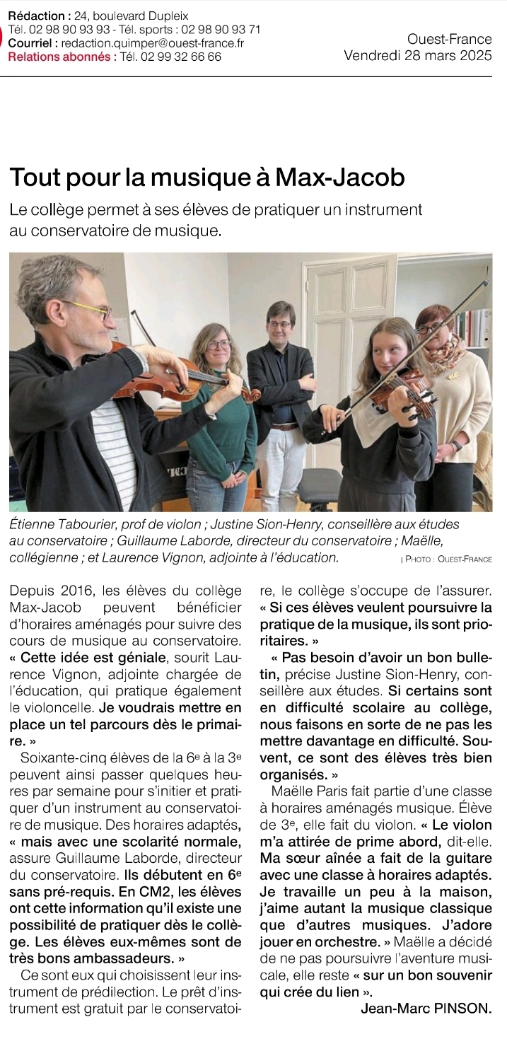 Ouest-France : « Tout pour la musique à Max Jacob » - Collège Max Jacob